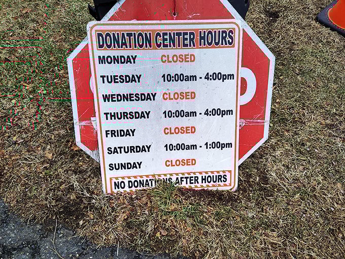 The donation hours sign tells the tale—Tuesday, Thursday, and Saturday are the days when treasures begin their journey to new homes.