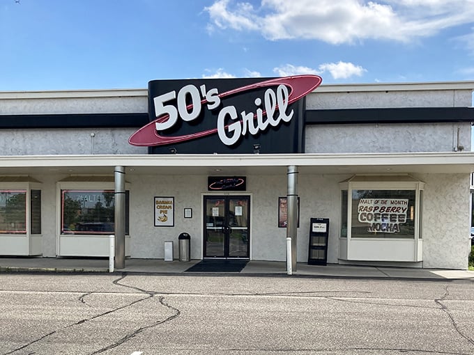 The facade gleams in the sunshine, advertising "Raspberry Coffee Mocha" alongside timeless classics. This isn't just a restaurant—it's a landmark that happens to serve incredible meatloaf.