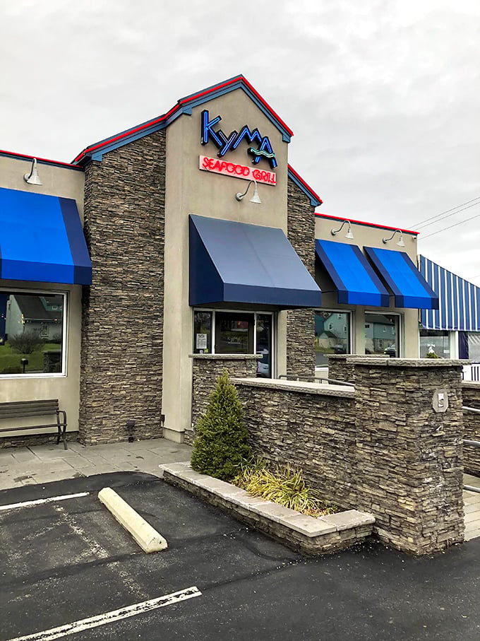 Kyma's stone facade and signature blue awnings stand as a lighthouse for hungry travelers navigating Lancaster County.