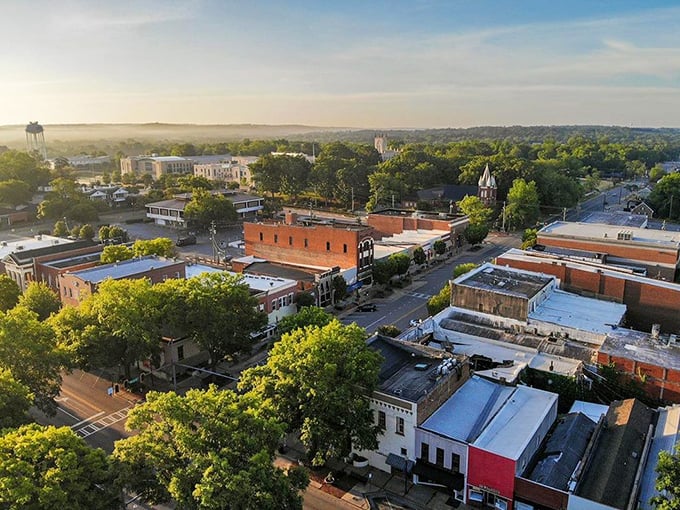 From above, Milledgeville reveals its perfect balance of green space and historic architecture. The golden hour transforms this former capital into a luminous small-town treasure.