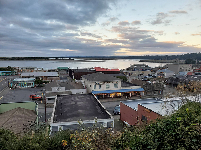 The bird's-eye view of Bandon reveals a town perfectly nestled between river and ocean, like nature's version of the perfect sandwich.