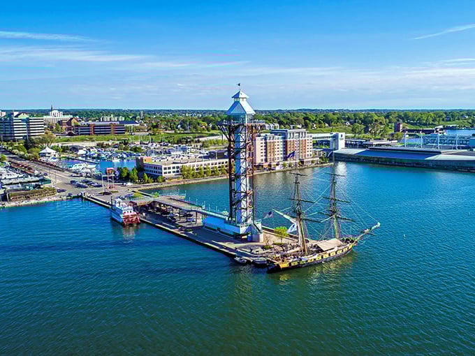 From above, Erie's waterfront reveals its perfect balance – maritime heritage meets modern development along the shimmering blue waters of Lake Erie.