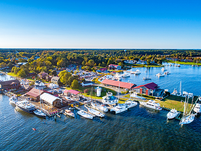 From above, St. Michaels reveals its perfect balance of land and water—a coastal village where boats aren't just transportation, they're a way of life.
