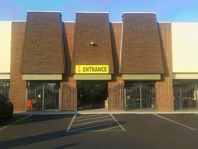The imposing entrance to Visalia's vintage wonderland – where 25,000 square feet of history awaits discovery.