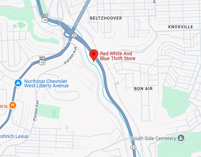 16. red white & blue thrift store (890 saw mill run blvd) map