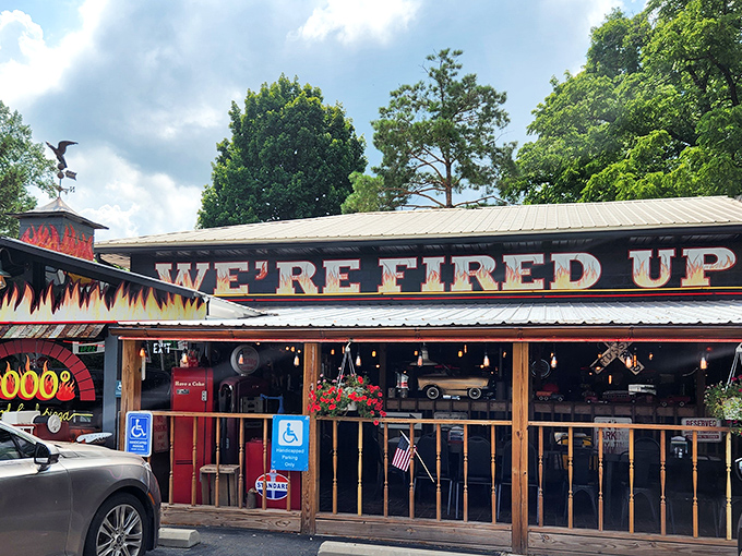 "We're Fired Up" isn't just clever signage—it's a literal description of how your pizza gets that heavenly char in their wood-fired oven at this roadside gem.