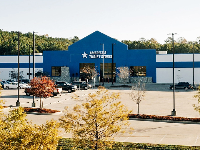 The blue beacon of bargain hunting! America's Thrift Store's massive façade promises treasures waiting to be discovered inside.