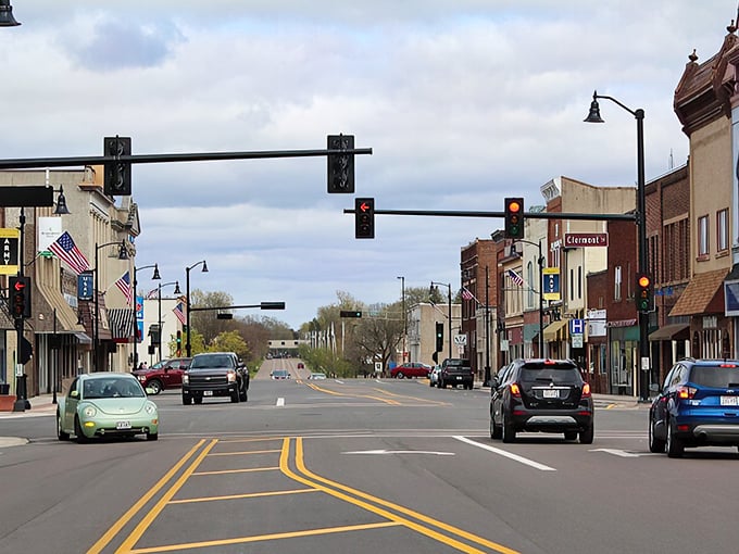Antigo's charming main street – where traffic lights are practically a tourist attraction and everyone waves as you drive by.