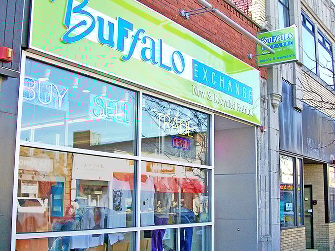 Buffalo Exchange's bright green storefront promises fashion treasures inside – like finding the wardrobe department for a Wes Anderson film.