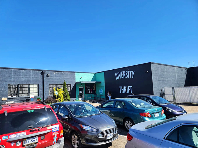 That parking lot tells the whole story - when thrift shoppers park this tight, treasures await inside.