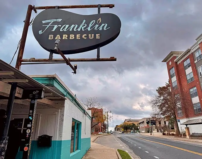 Franklin Barbecue's iconic turquoise building and vintage sign – where barbecue dreams and morning lines begin.