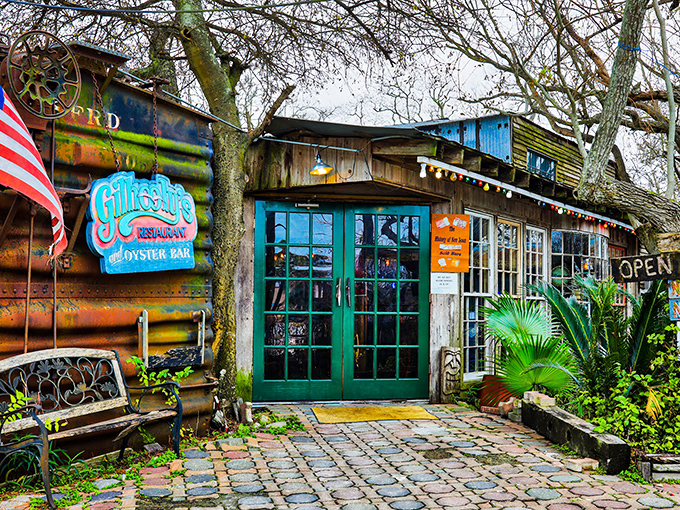 Gilhooley's rustic charm beckons seafood lovers with its weathered wood and turquoise door. A hidden treasure worth every mile of the journey!