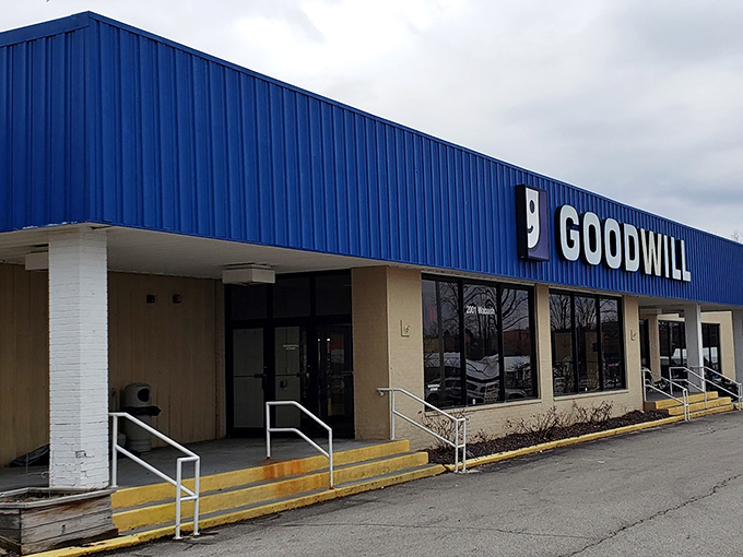 The iconic blue Goodwill facade in Springfield - where treasure hunters begin their all-day quests for hidden gems!