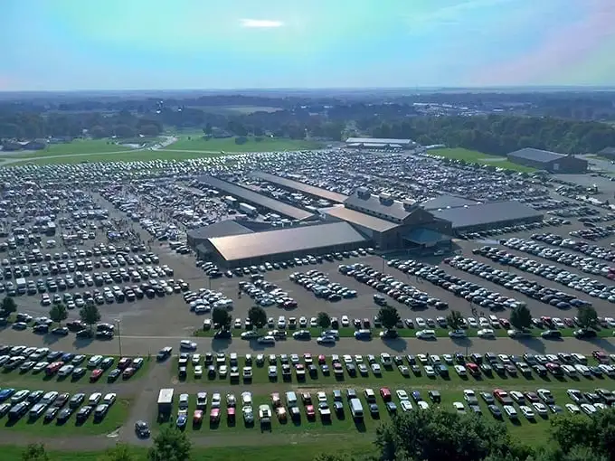 Aerial view of Hartville MarketPlace reveals a sea of cars and tents—like a small city dedicated entirely to bargain hunting!