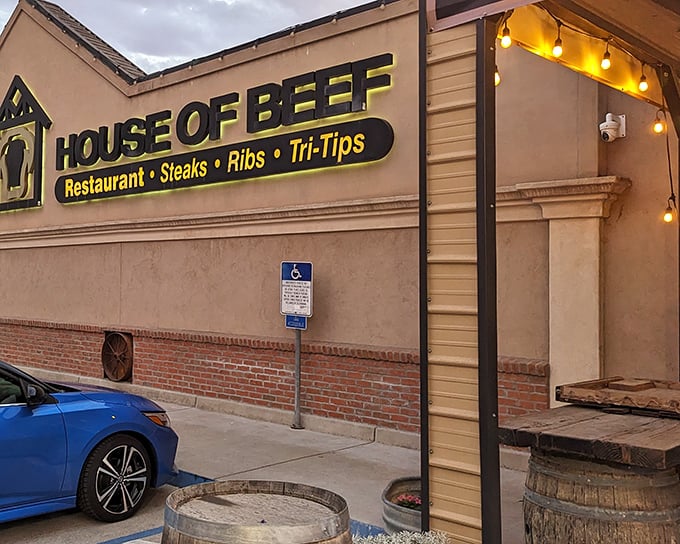 House of Beef exterior welcomes hungry travelers with a no-nonsense sign that promises exactly what you'll get - serious beef business.