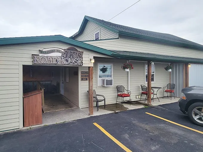 JK's Roadhouse welcomes you with no-frills charm. This unassuming exterior hides steak paradise waiting inside!