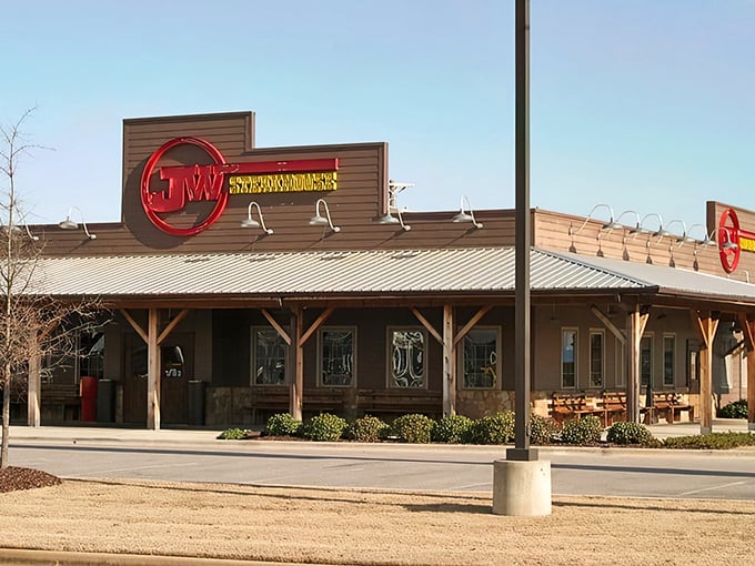 The rustic wooden exterior promises what every carnivore dreams of – a serious commitment to steak perfection.