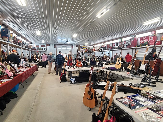 Guitars galore! Jake's Flea Market transforms into a musician's paradise where vintage instruments wait for their next gig.