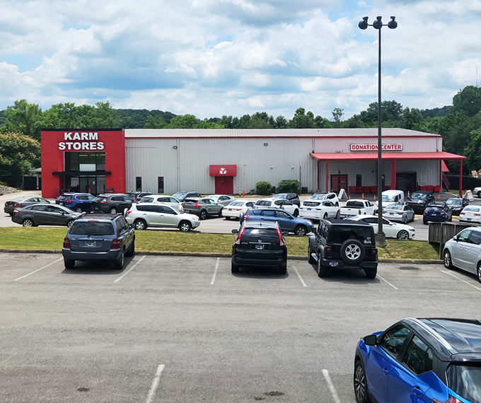 KARM's bright red entrance stands like a beacon of bargain hope in a sea of parked cars.