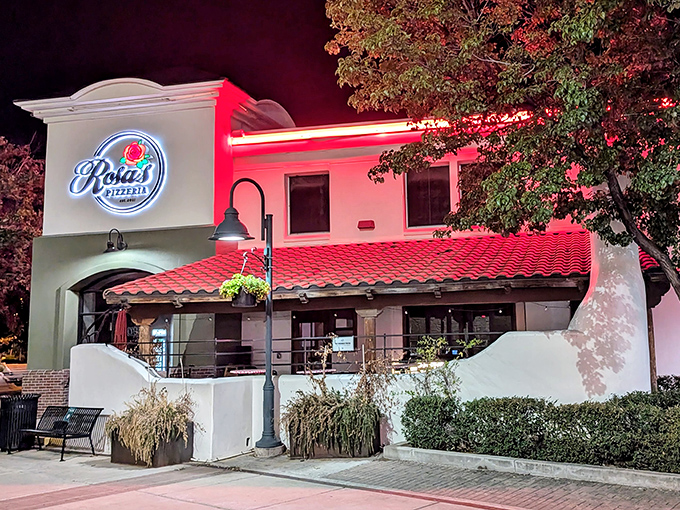 Rosa's Pizzeria glows like a beacon of hope for hungry travelers. That red-tiled roof promises Italian comfort under the Arizona stars.