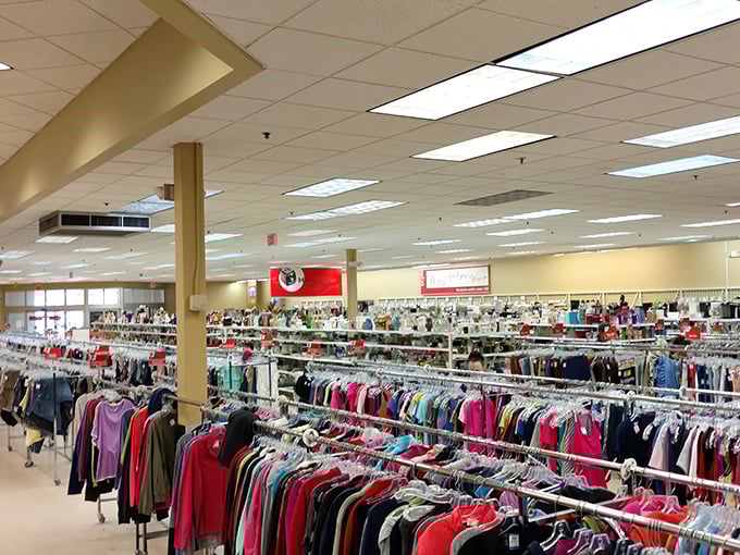 Endless racks of colorful clothing await at Savers – like a treasure hunt where someone already organized all the X marks!