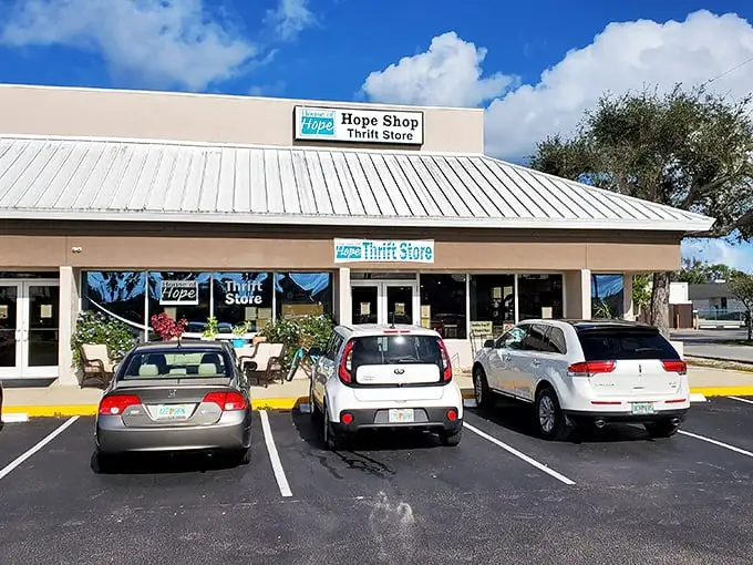 The HOPE Shop's clean exterior promises organized treasures inside - no archaeological dig required here. 