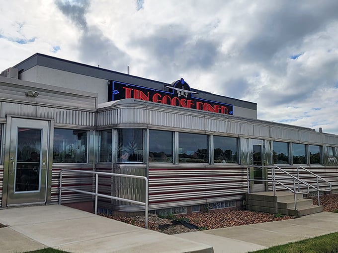 The Tin Goose Diner gleams like a silver spaceship that landed just to serve you the best breakfast in Port Clinton.