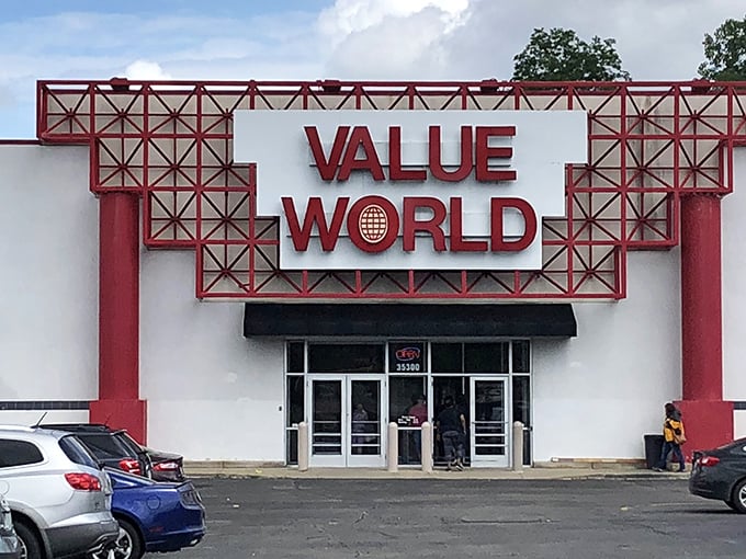 Value World's iconic red entrance promises a treasure hunt inside. Like a retail archeologist, you'll dig through decades of fashion history.
