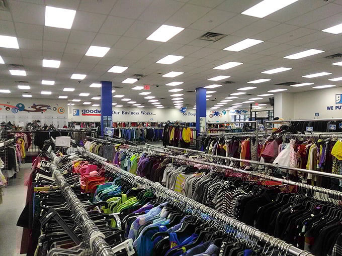 Inside Goodwill's clothing labyrinth – where finding that perfect jacket feels like winning a sartorial lottery without buying a ticket.