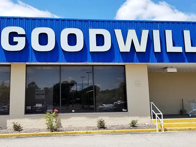 That bright Goodwill sign promises endless aisles of possibility. Your next vintage find is waiting just beyond those doors.