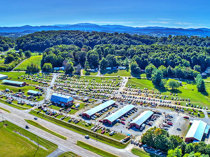 Mountains in the background, treasures in the foreground. This bird's eye view shows why Jonesborough attracts shoppers from three states.