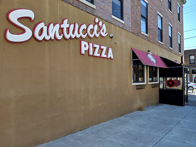 Santucci's bold signage promises what locals already know – square pizza perfection that breaks all the rules in the best way possible.