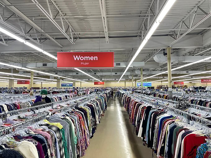 Endless racks of clothing await the patient explorer. This isn't shopping—it's an expedition!