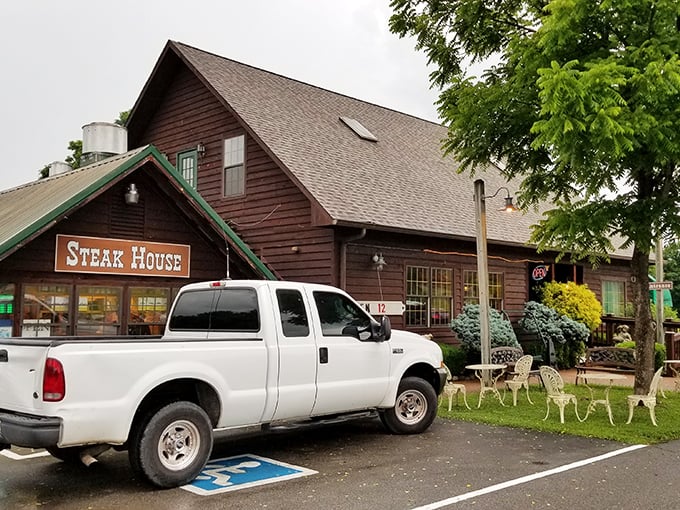 This wooden treasure might not look fancy, but that "STEAK HOUSE" sign promises exactly what you're craving – no frills, just flavor.
