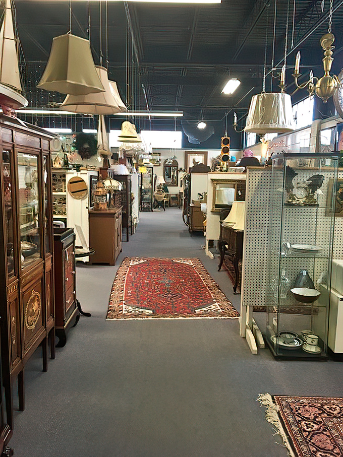 Lampshades hang like curious jellyfish above a sea of antiques. That Persian rug isn't just decoration—it's a time machine to another era.