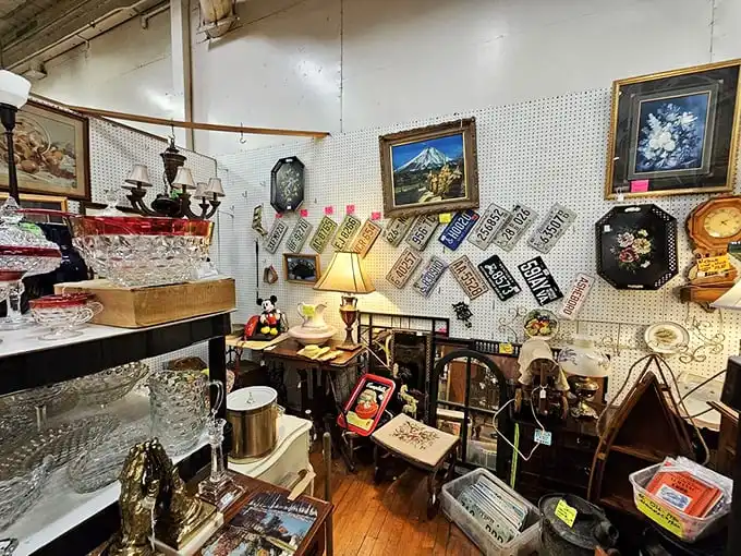 Every booth tells a story—vintage license plates, crystal glassware, and framed artwork create a time-traveling tapestry of American design history. 