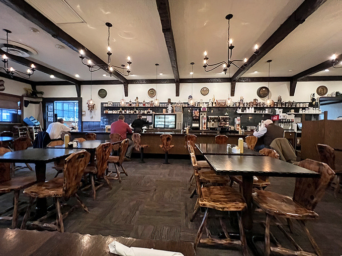 Rustic wooden tables and chairs create an atmosphere that's less "Texas roadhouse" and more "German grandmother's dining room." Gemütlichkeit in action!