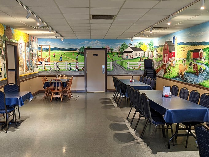 Colorful murals transform simple dining into a celebration of rural Pennsylvania life. Like eating inside a storybook about the simpler times we all secretly miss.