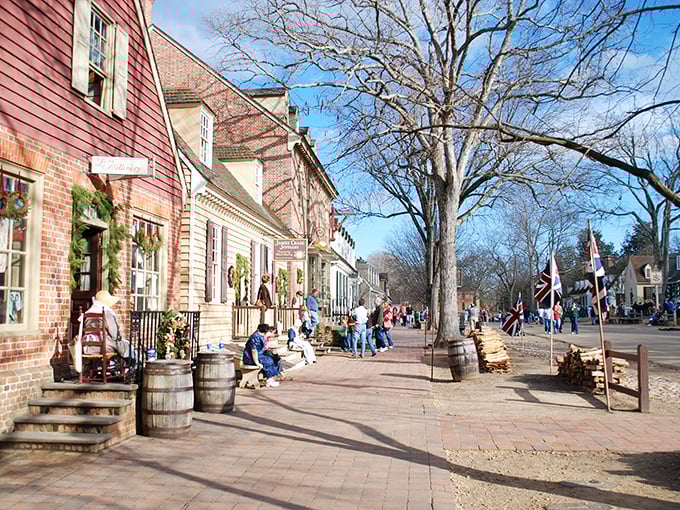 Duke of Gloucester Street comes alive with colonial charm—wooden barrels, British flags, and visitors strolling brick sidewalks where Thomas Jefferson once walked.