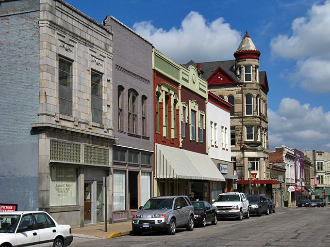A wonderful lineup of historic storefronts that would make Norman Rockwell reach for his paintbrush—small-town America preserved rather than merely remembered.