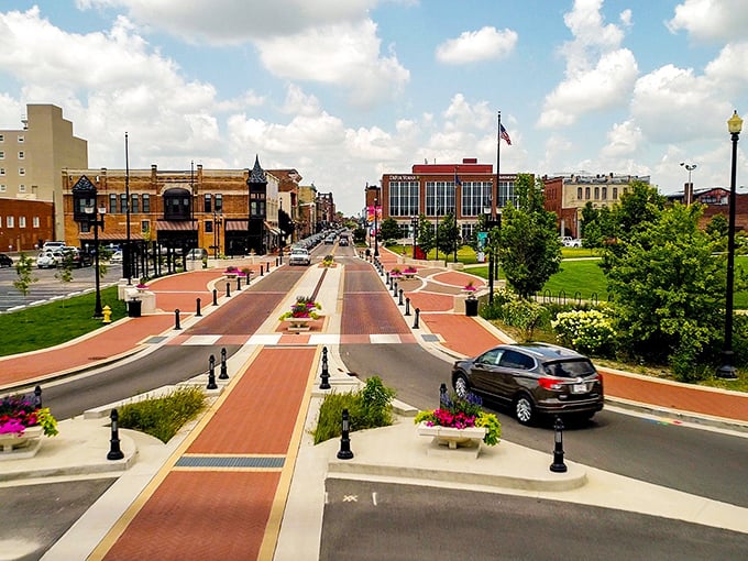 Walnut Street's pedestrian-friendly design isn't just pretty—it's practical. Those brick crosswalks say "slow down and enjoy life at Midwest prices."