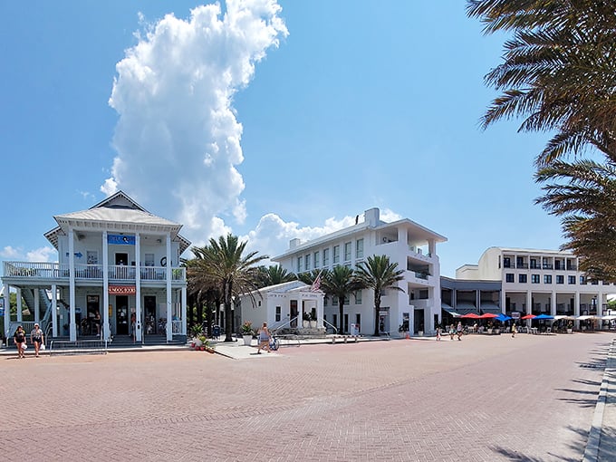 Downtown Seaside dazzles with its pristine brick plaza, where palm trees stand sentinel over boutiques and eateries that would make any urban planner weep with joy.