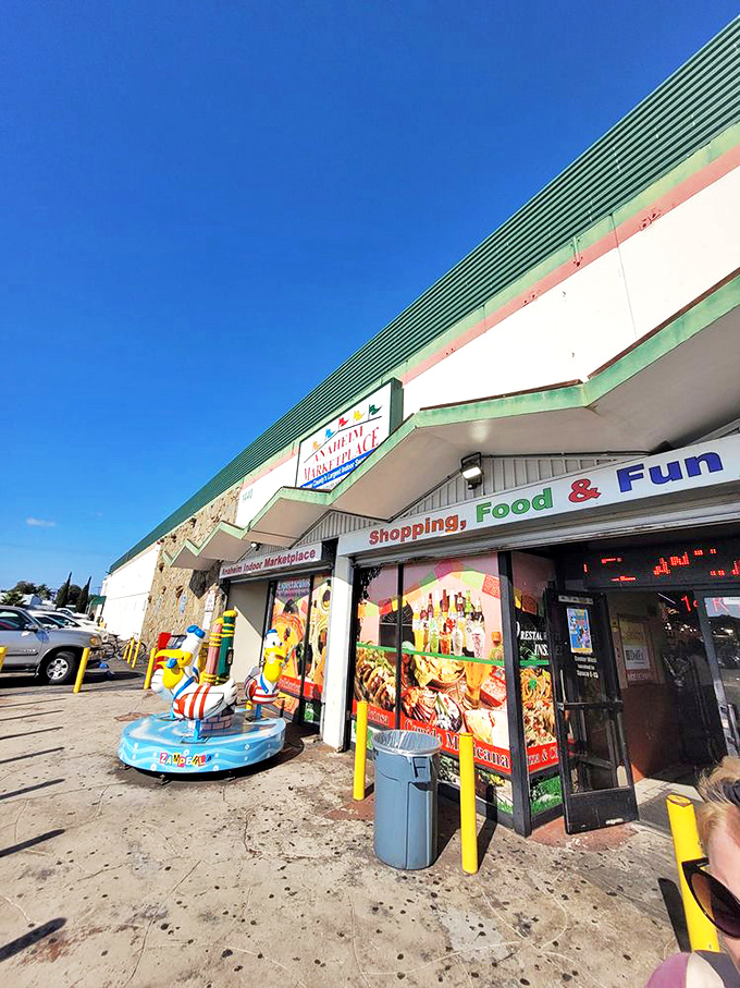 "Shopping, Food & Fun" isn't just a slogan—it's a promise. The entrance beckons with colorful displays and the subtle aroma of culinary adventures waiting inside.