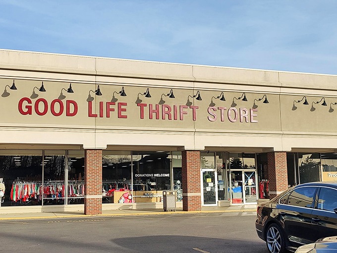 Bold red letters announce a promise of discovery—the retail equivalent of a "Free Cake Inside" sign that actually delivers.