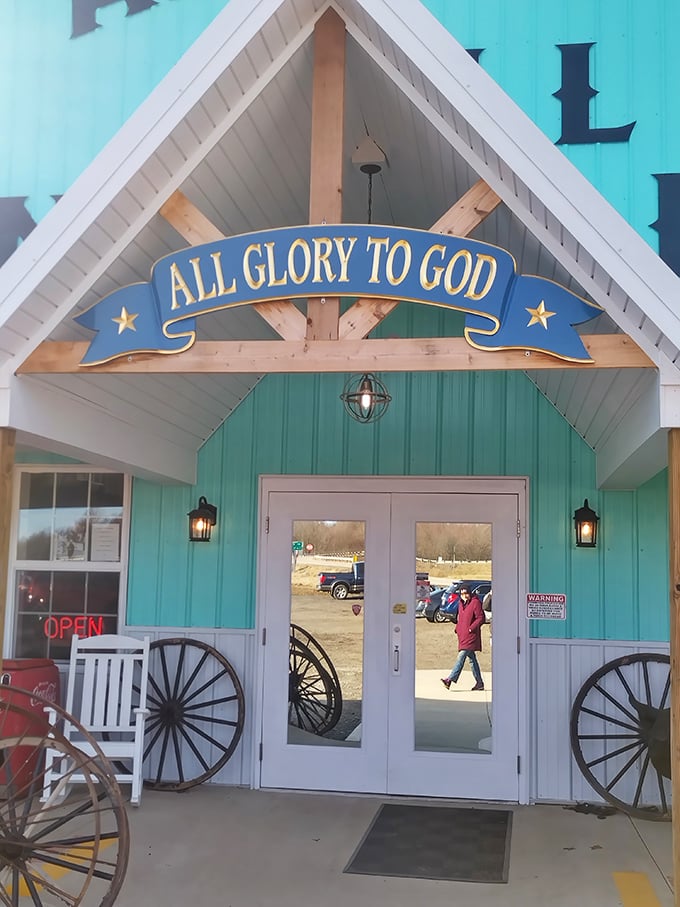 "All Glory to God" proclaims the entrance, where wagon wheels and a welcoming porch invite you into a world where yesterday's treasures await new homes.