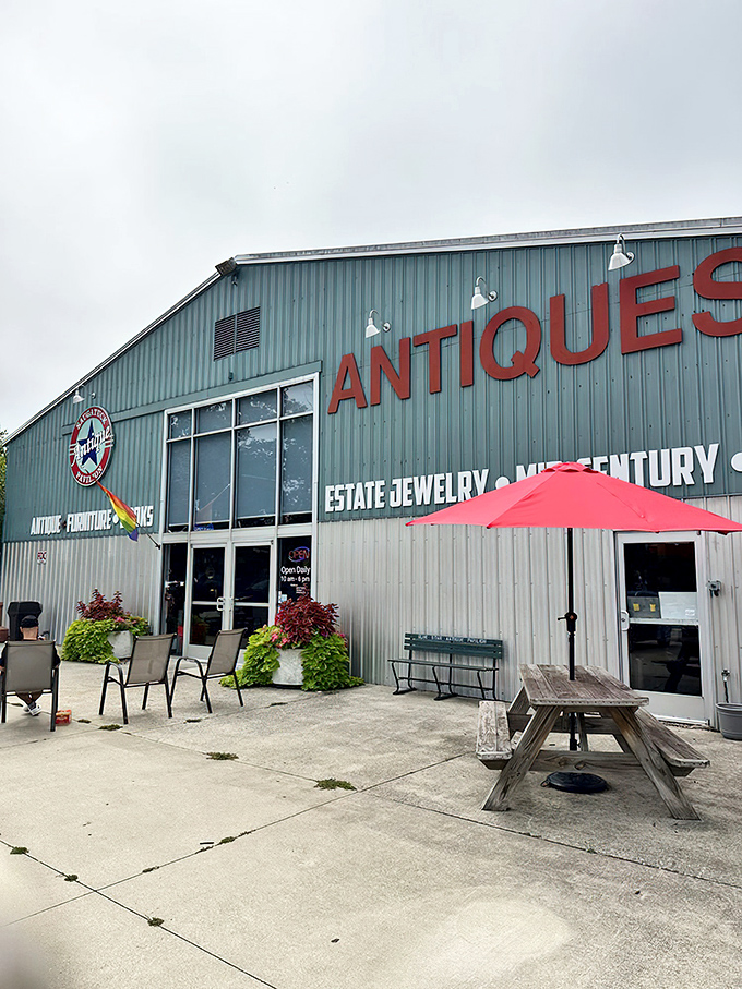 Outdoor seating awaits weary treasure hunters. That red umbrella isn't just for show—it's the universal signal for "take a break, you've earned it."