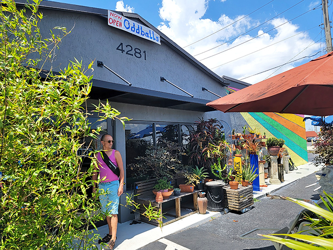 Tropical plants frame the entrance like nature's welcome committee. That "VOTED #1 BEST" sign isn't just enthusiasm—it's a promise of the treasure hunt awaiting inside.