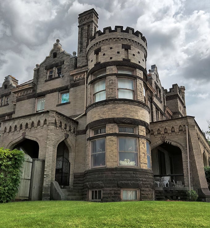 The round turret and crenellated roofline make you wonder if you took a wrong turn and ended up in medieval Europe instead of central Ohio.