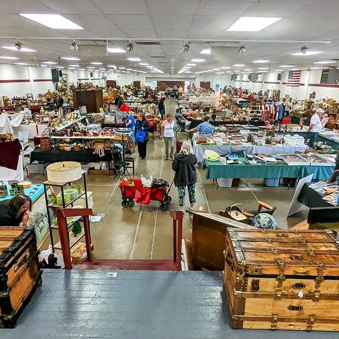 A bird's-eye view of antiquing in action—where every aisle promises unexpected discoveries and where rolling carts become essential companions.