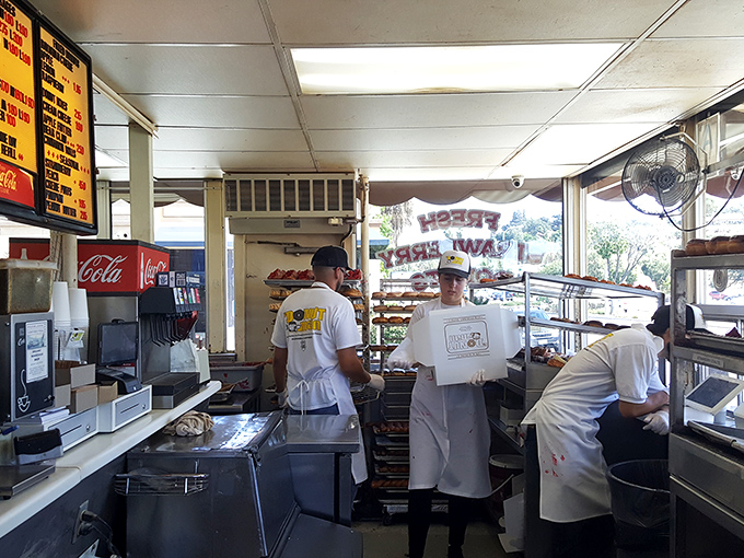 Behind the counter, the donut artisans work their magic in a choreographed dance of flour, sugar, and decades of expertise.